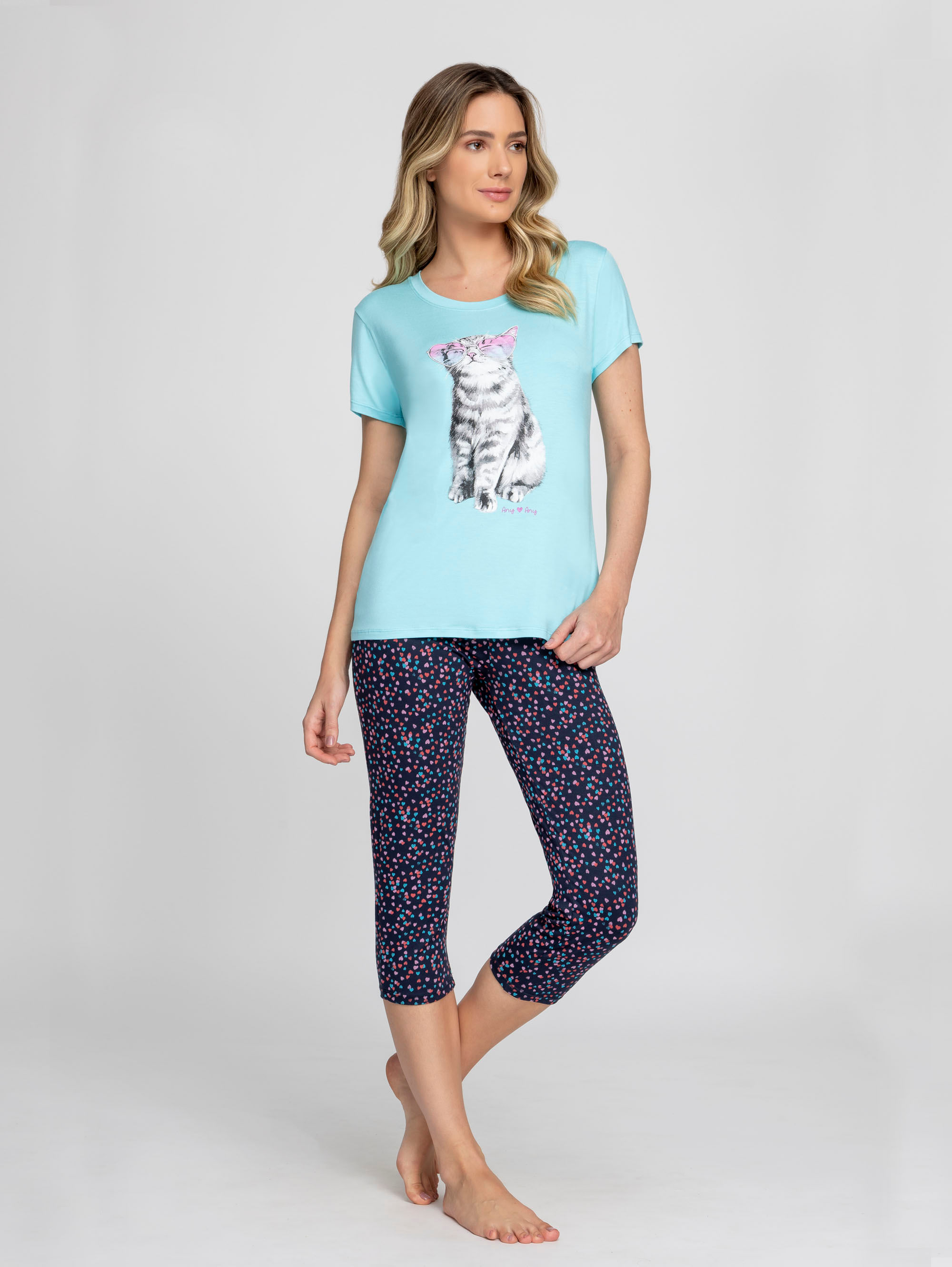 Pijama Feminino Capri Manga Curta Cat Hearts - Any Any