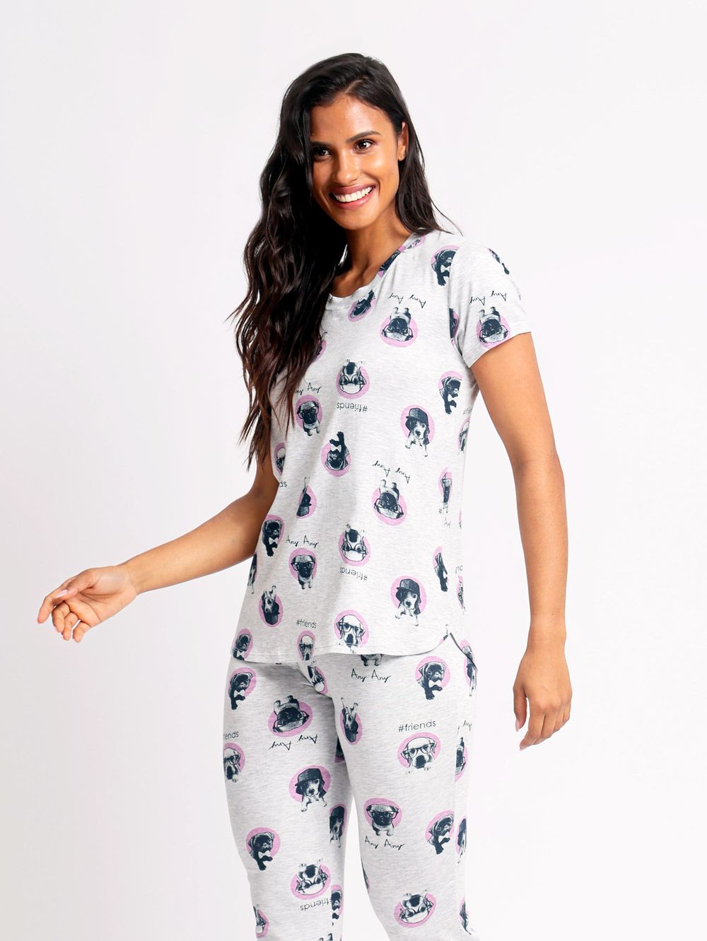 Pijama Feminino Longo Manga Curta Dog Poá - Any Any
